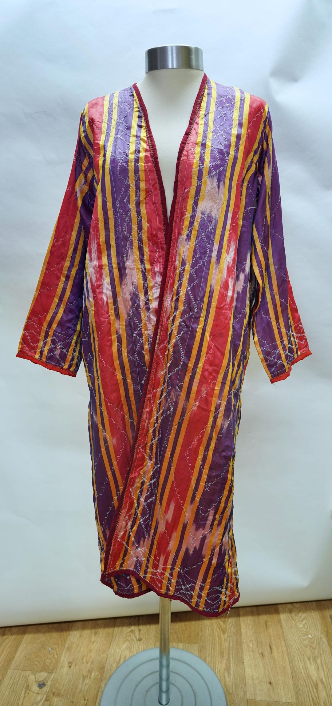 1900s 1910s Hand Embroidered Reversible Silk Chapan Robe: Antique Uzbek ...
