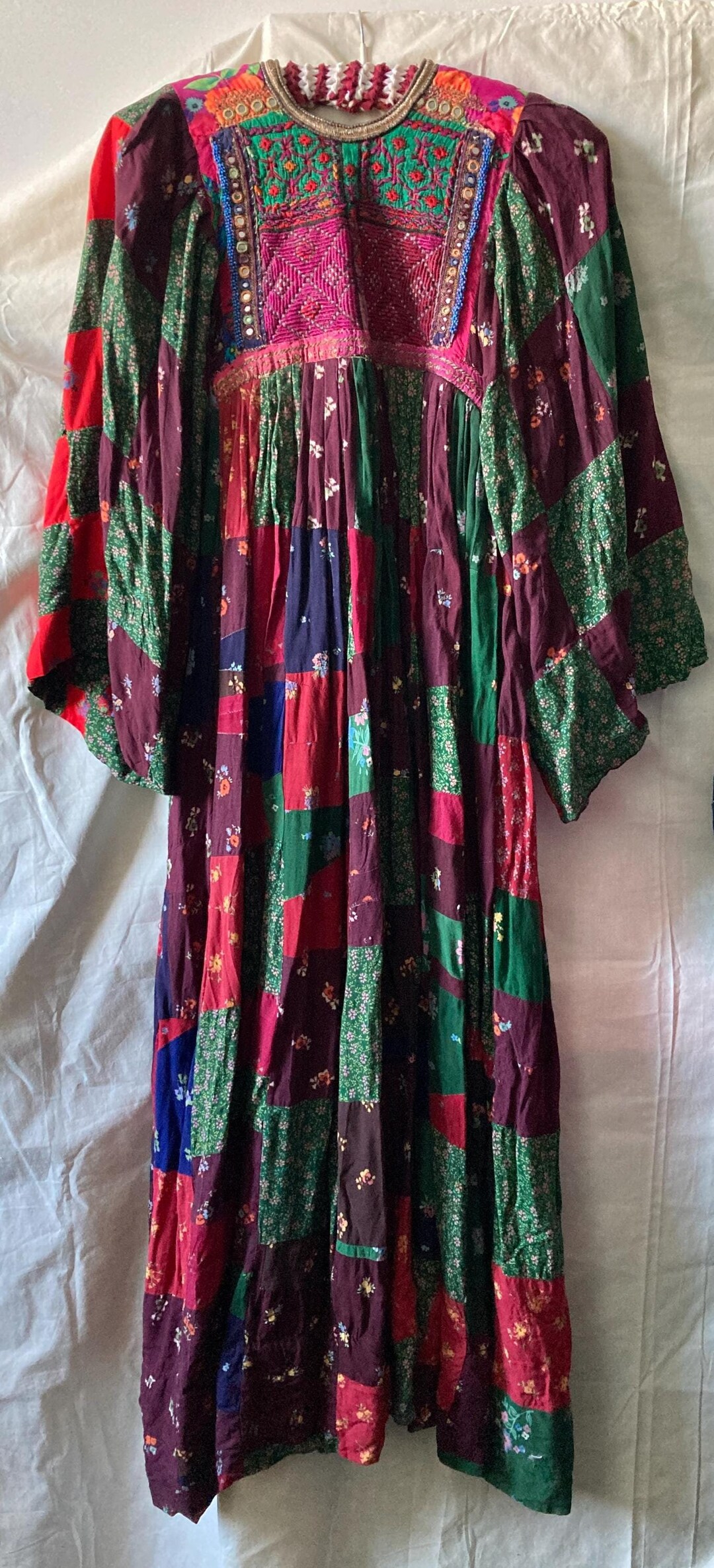 Super Rare 70s Patchwork Afghan Dress, Hand Embroidered Ethnic/folk ...
