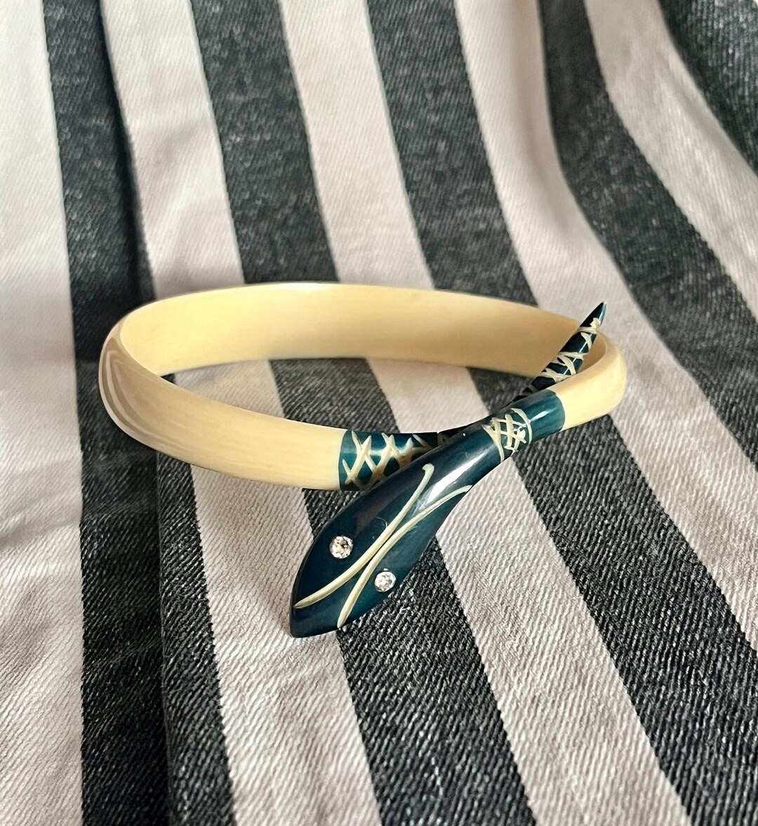 Delightful 1920s Green and Buttercup Two Tone Celluloid Snake Bangle ...