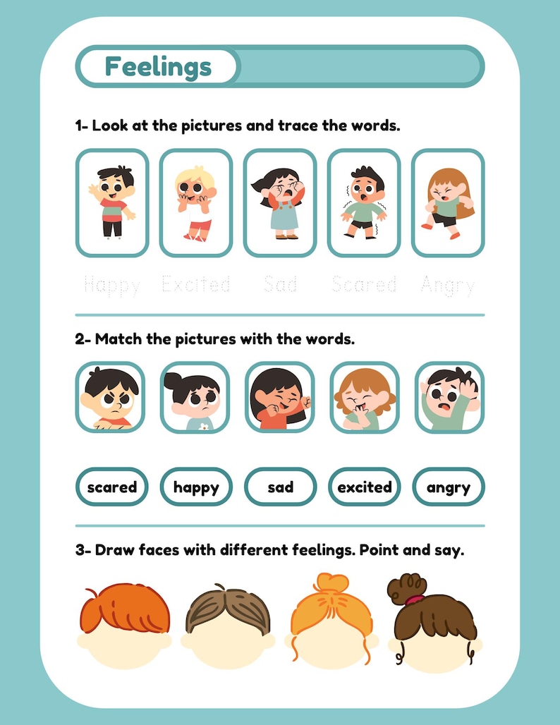 Feelings Worksheet: Trace, Match, Draw - Emotional Learning - Etsy