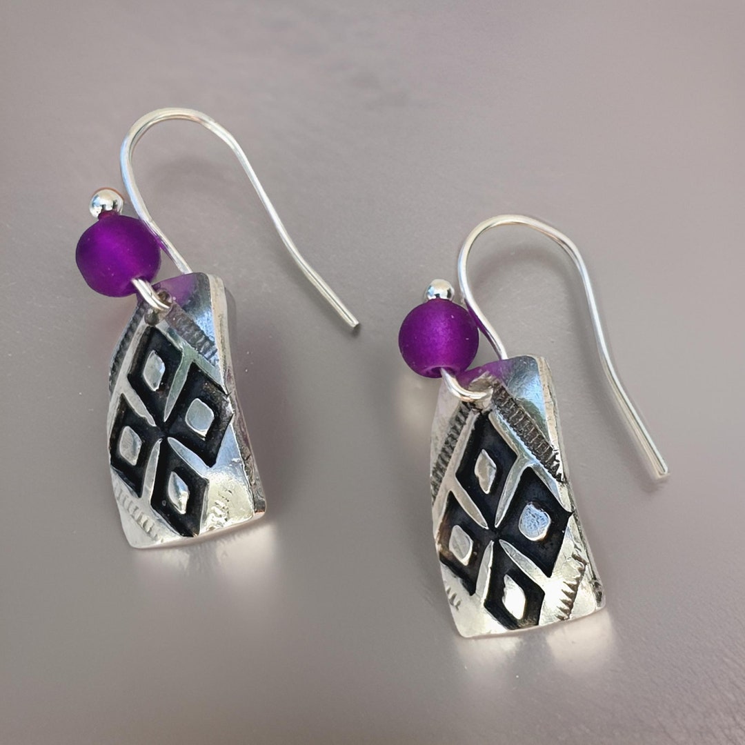 Striking Geometric Fine Silver Earrings With Amethyst Colored Beads - Etsy