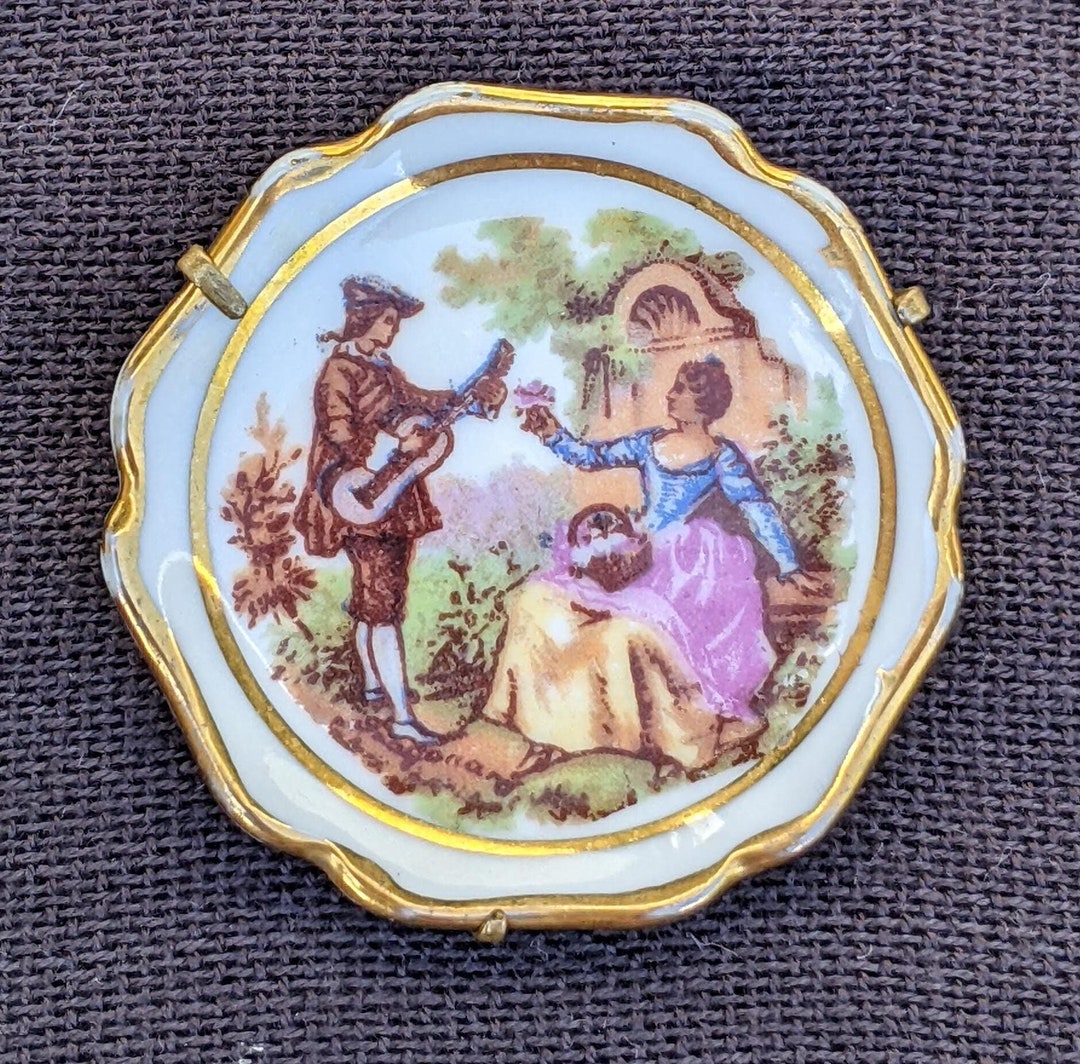 Limoges France Signed Antique Courting Couple Porcelain Plate Brooch W ...