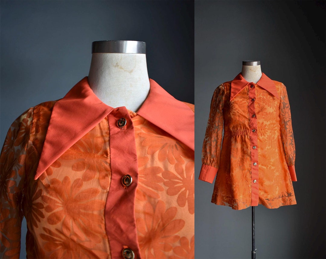 Vintage 1960s Orange Floral Blouse / 60s Bright Orange Tunic Top ...