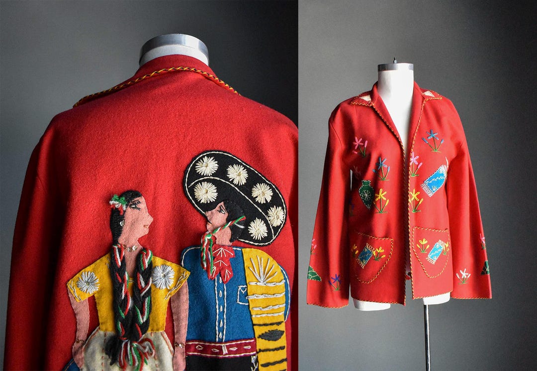 Vintage Red Wool Mexican Souvenir Jacket / Mexican Embroidered Jacket ...