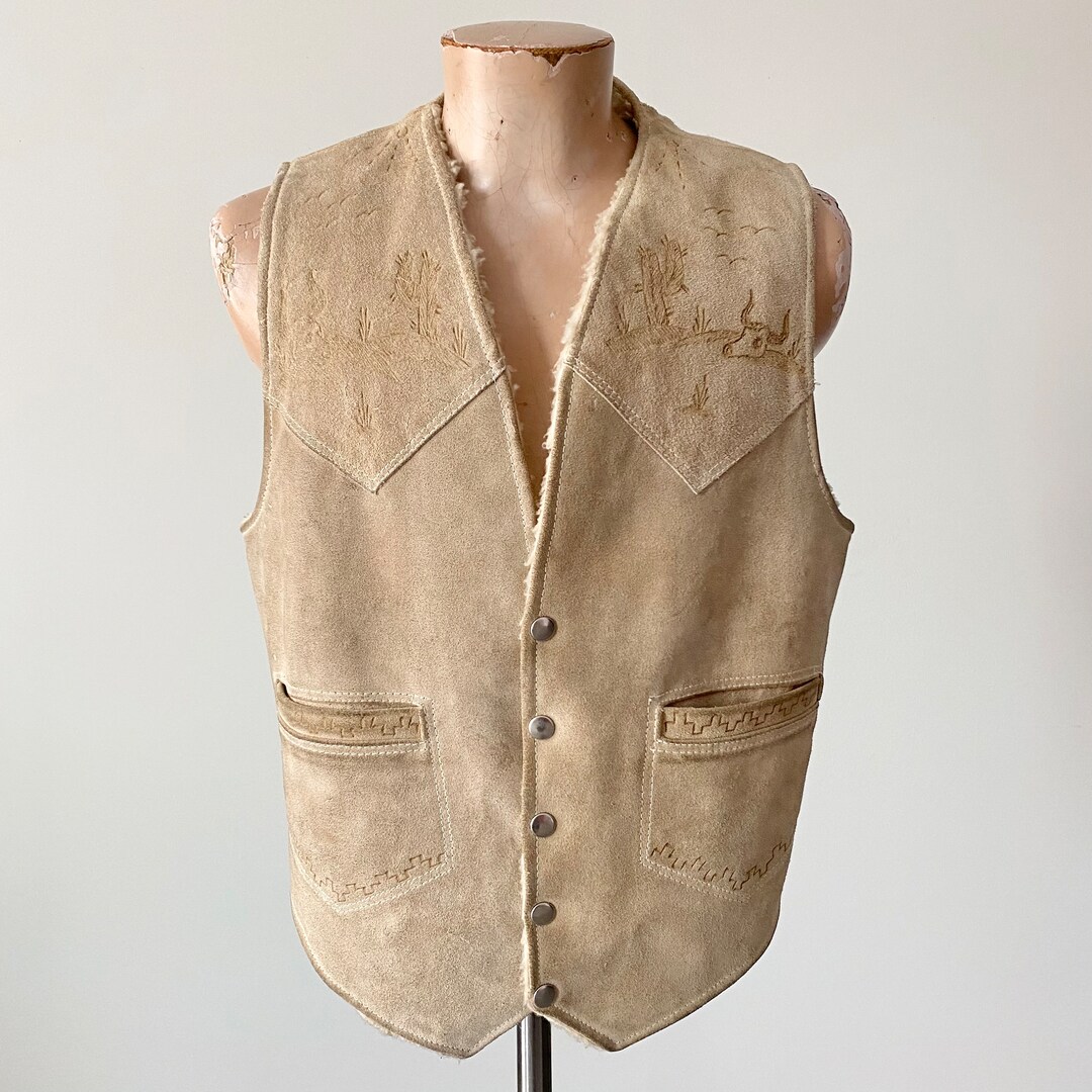 Vintage Valencia Suede Vest / 1970s Etched Suede Vest / Vintage Sherpa ...