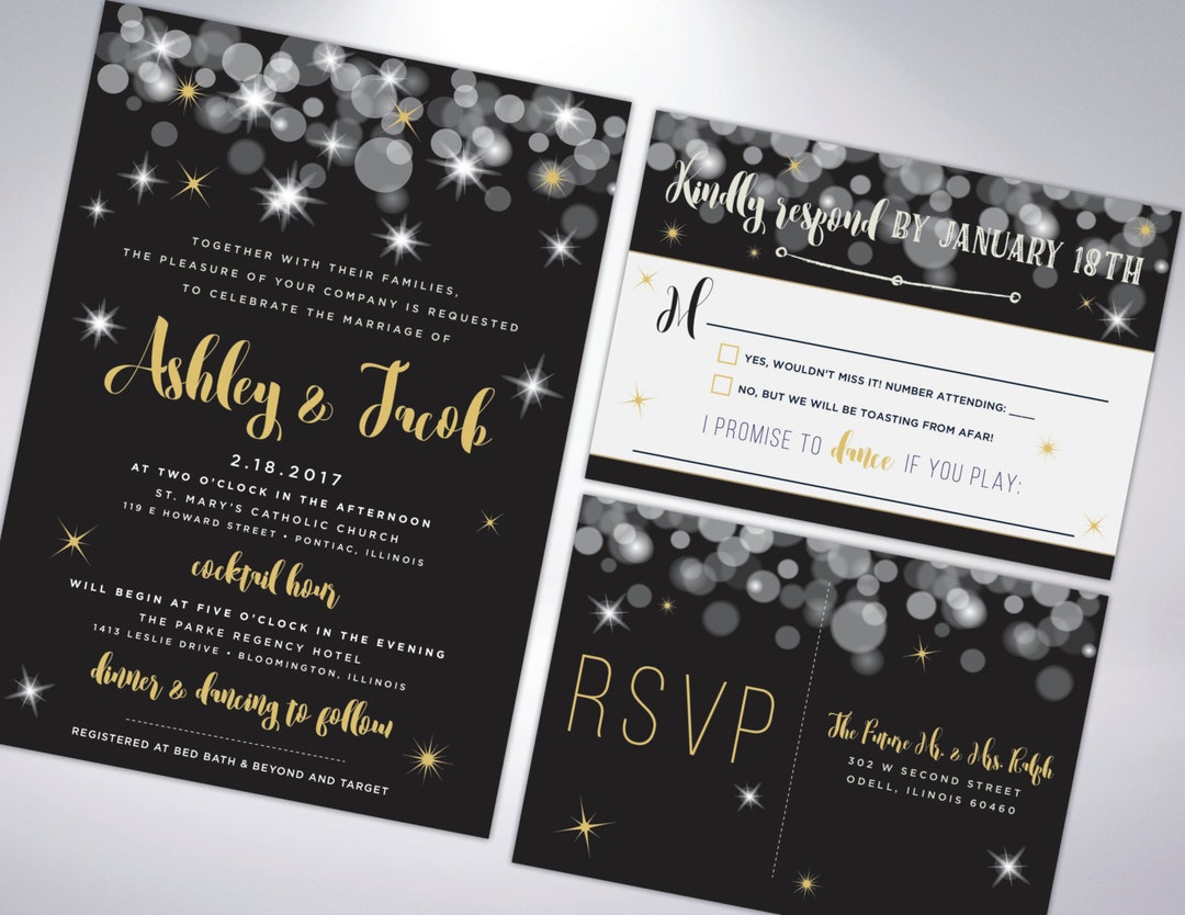Sparkle Invitation Suite Custom Invitation W/ Postcard RSVP NYE Wedding ...