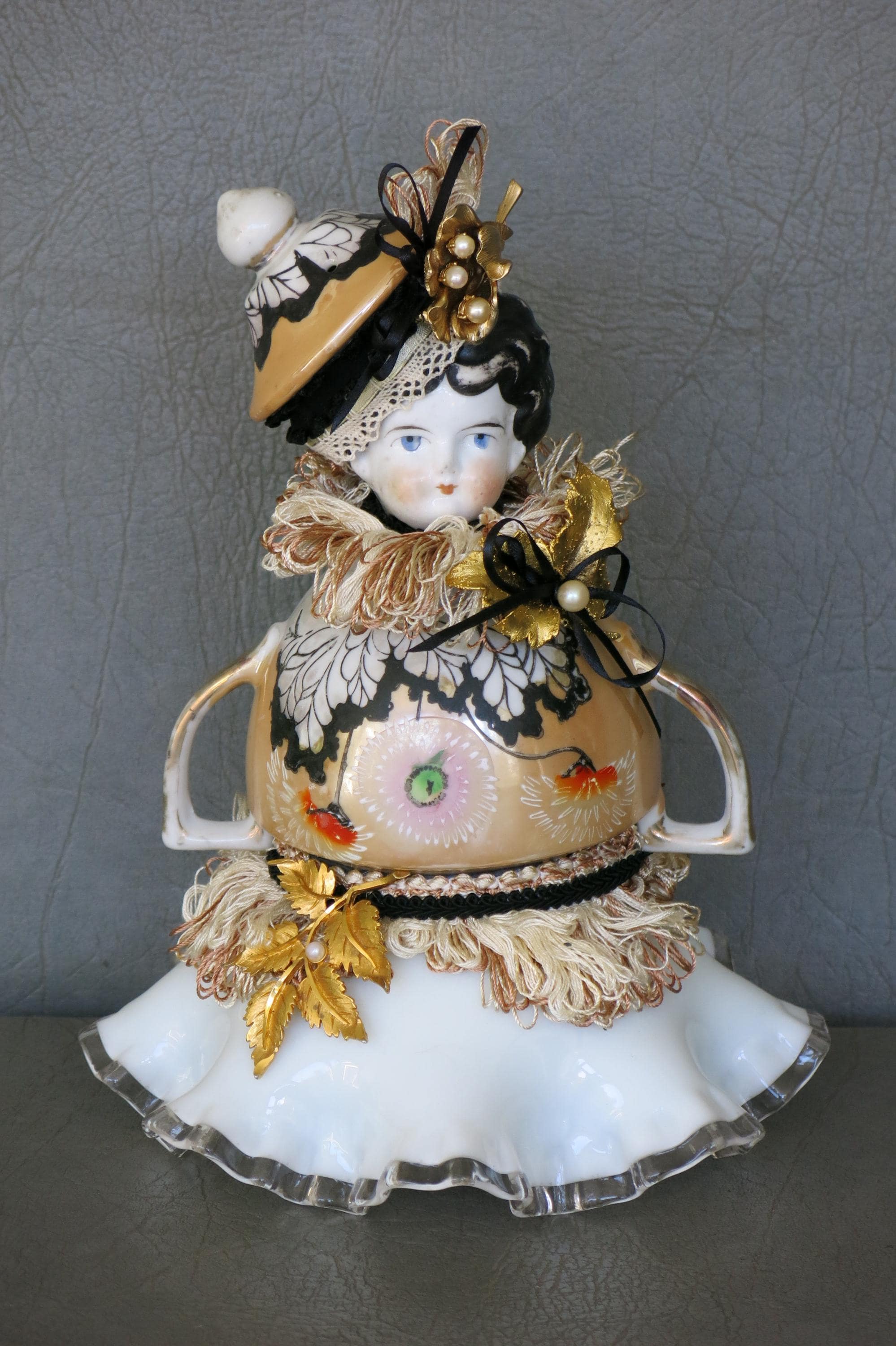 Assemblage Doll, "autumn." Antique China Doll Head, Fenton Glass Bowl ...