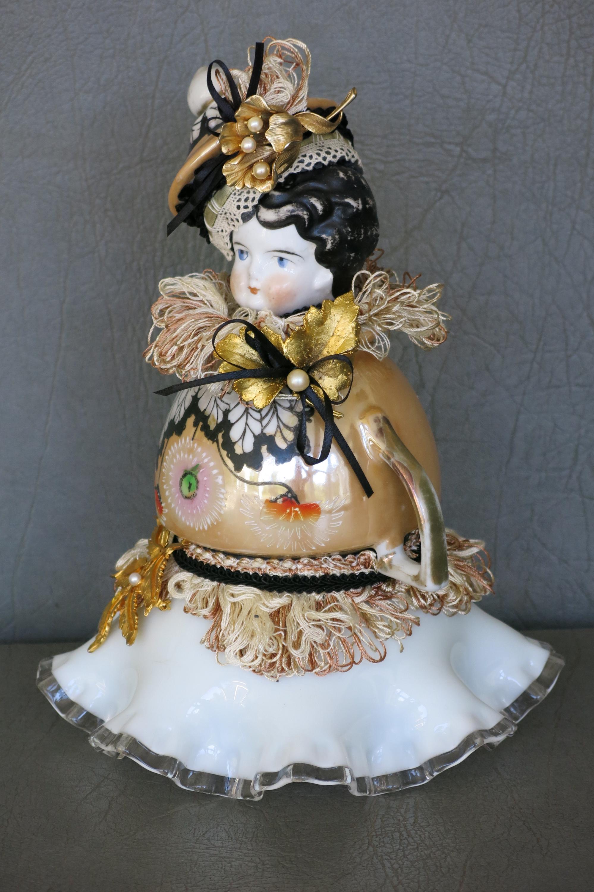 Assemblage Doll, "autumn." Antique China Doll Head, Fenton Glass Bowl ...