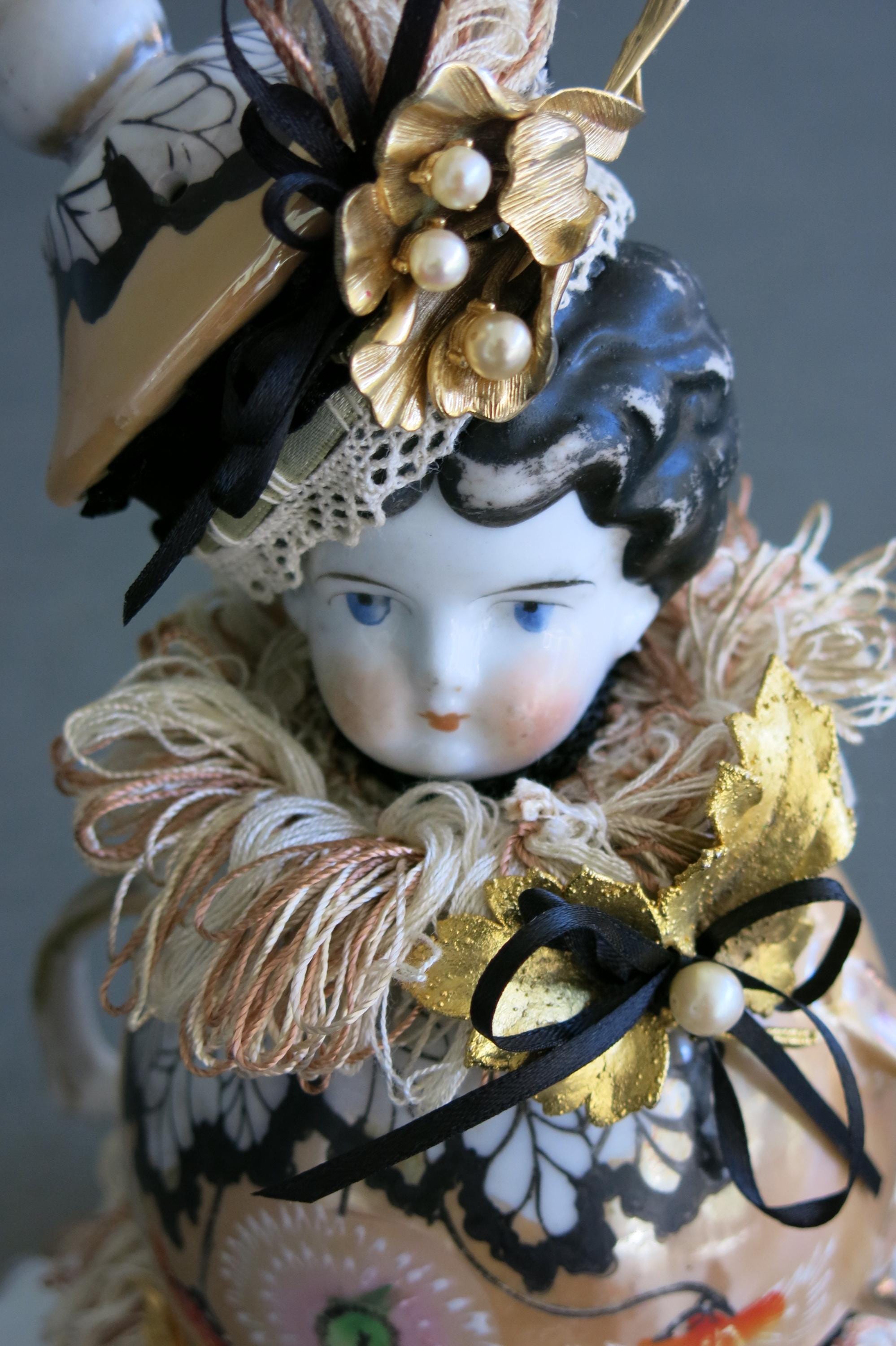 Assemblage Doll, "autumn." Antique China Doll Head, Fenton Glass Bowl ...