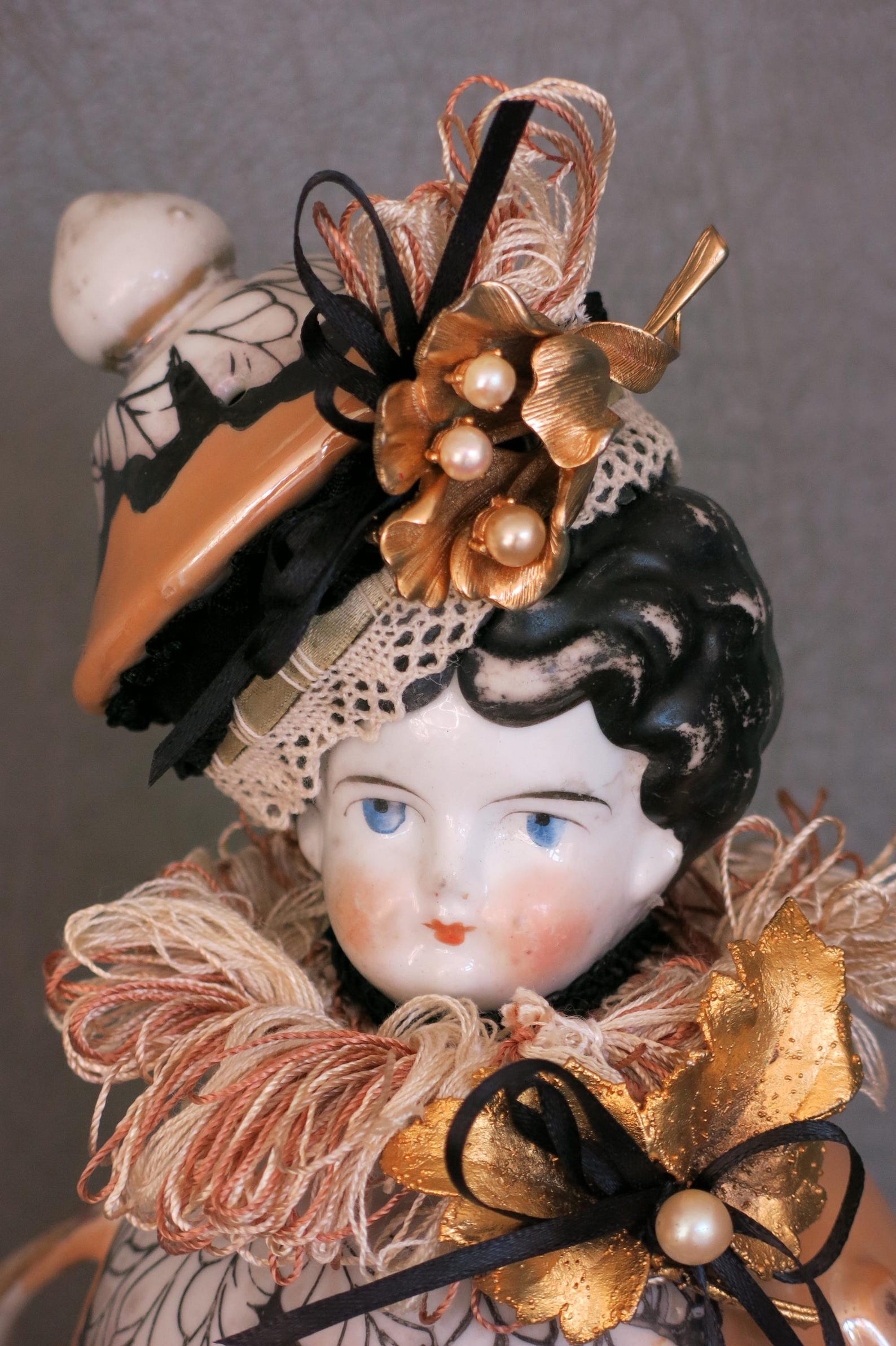Assemblage Doll, "autumn." Antique China Doll Head, Fenton Glass Bowl ...