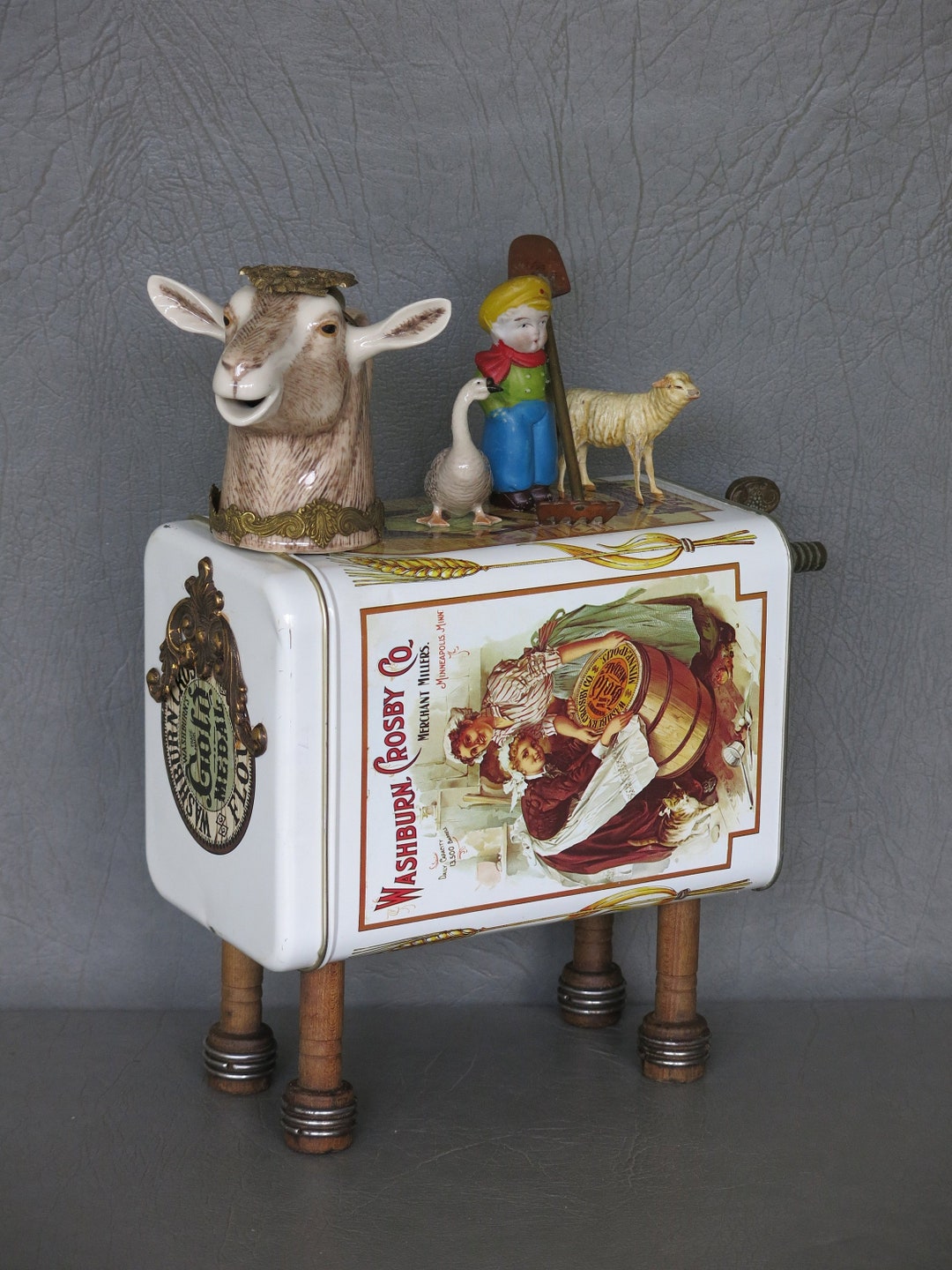 Assemblage Goat, "on the Farm." Porcelain Goat Head, Repro Tin ...
