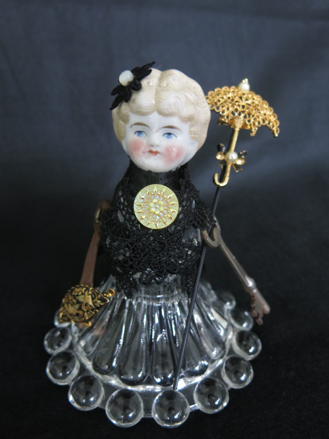 Crystal Assemblage Doll. Antique Blond Porcelain Head, Crystal Bowl and ...
