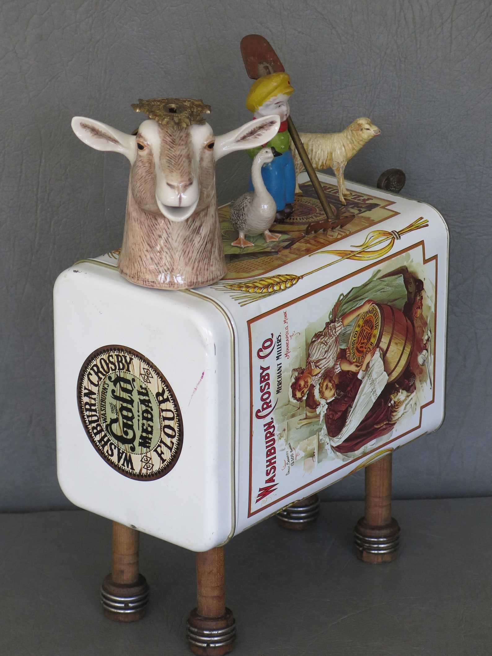 Assemblage Goat, "on the Farm." Porcelain Goat Head, Repro Tin ...