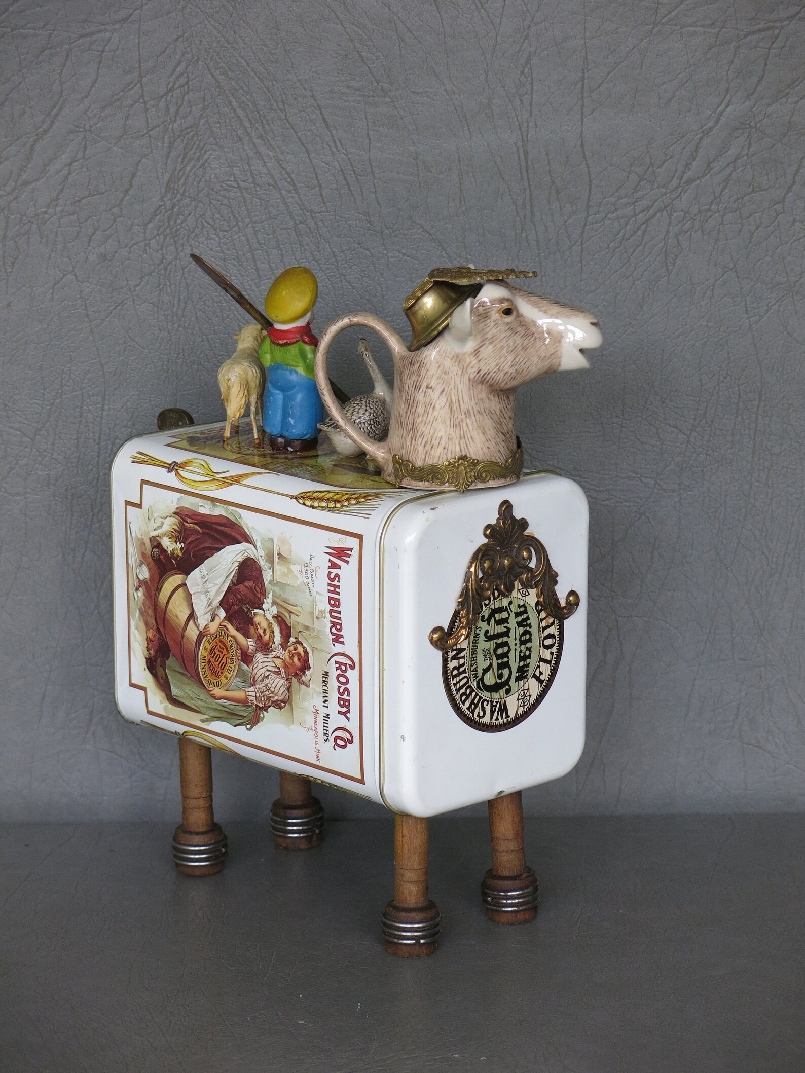 Assemblage Goat, "on the Farm." Porcelain Goat Head, Repro Tin ...