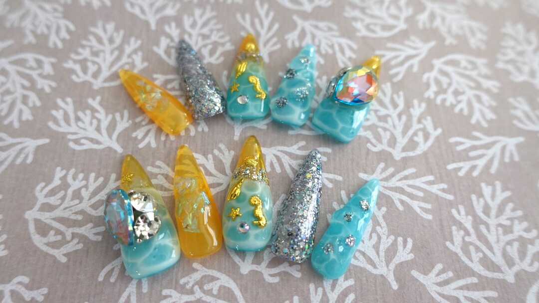 Resinfairytales Blue Ocean Press on Nail, Summer 3D Bing Handmade False ...