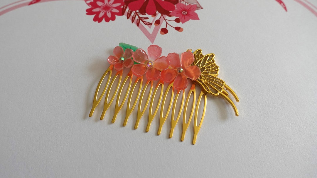 Resinfairytales Pink Butterfly and Flower Blossom Hair Comb, 3D Gold ...