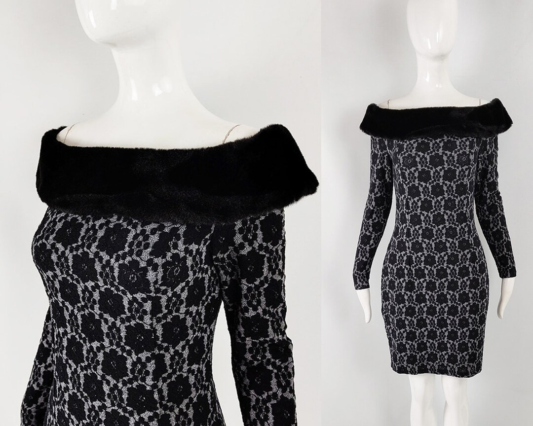 Vintage IKITO by Jiki of Monte Carlo, Black Lace Dress, Faux Fur Trim ...