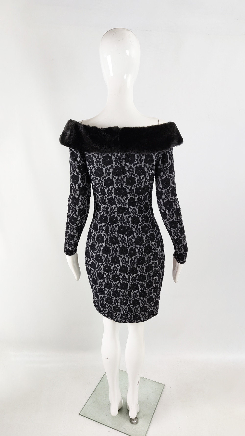 Vintage IKITO by Jiki of Monte Carlo, Black Lace Dress, Faux Fur Trim ...