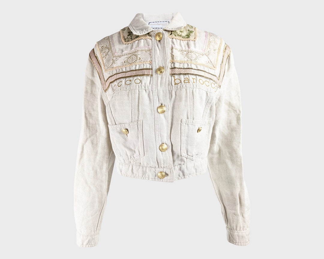 80s Linen & Cotton White Denim Jacket Women Embroidered Jacket S - Etsy