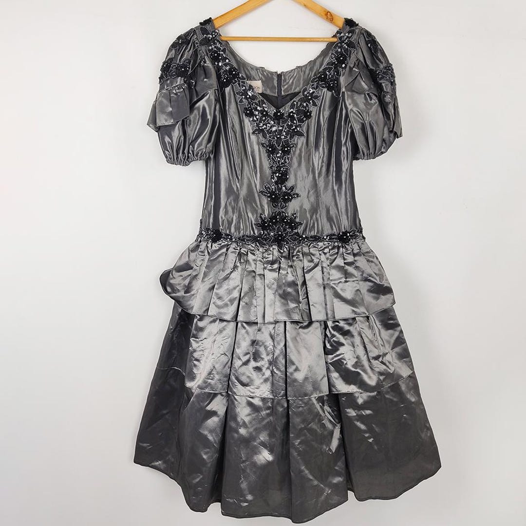 Vintage 80s HELEN ANDERSON Silver Taffeta Puff Sleeve Ball Gown Evening ...