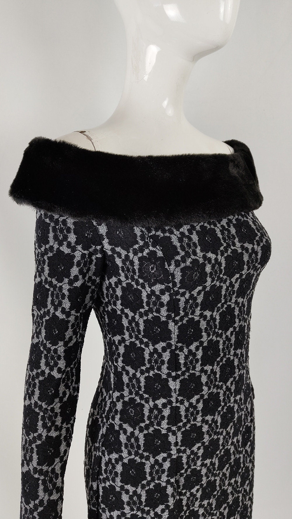 Vintage IKITO by Jiki of Monte Carlo, Black Lace Dress, Faux Fur Trim ...