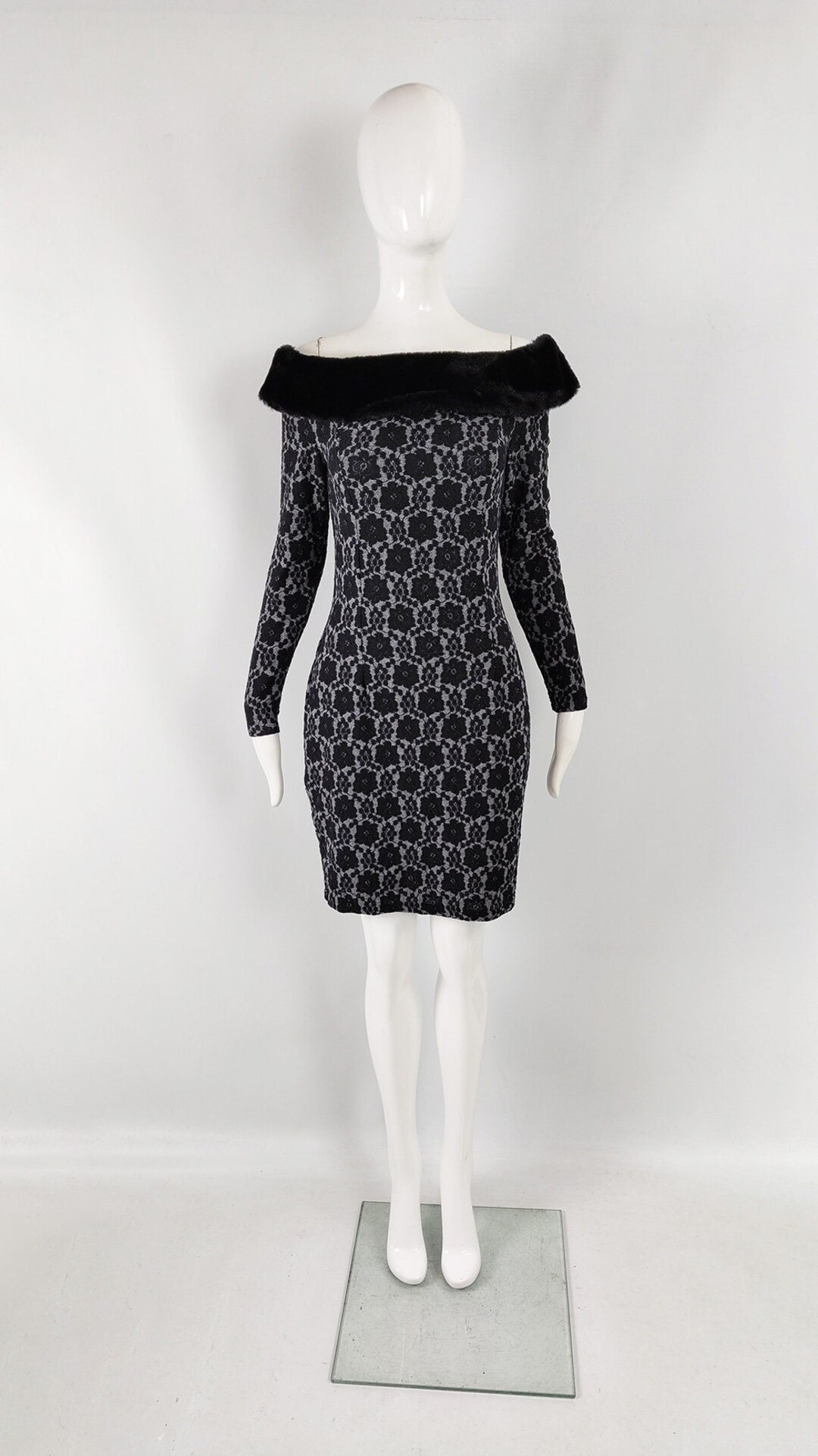 Vintage IKITO by Jiki of Monte Carlo, Black Lace Dress, Faux Fur Trim ...