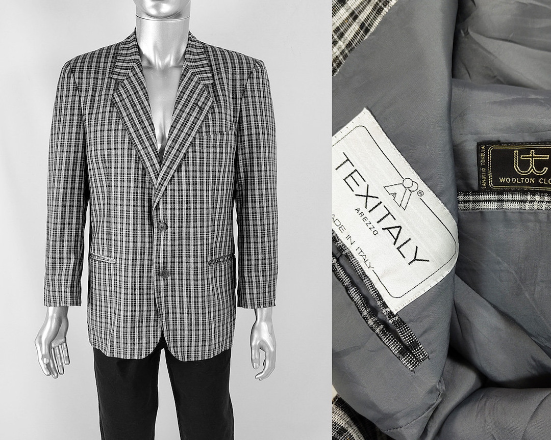 Vintage Check Blazer Men, Italian Blazer, Linen Silk Wool, Black & Grey ...