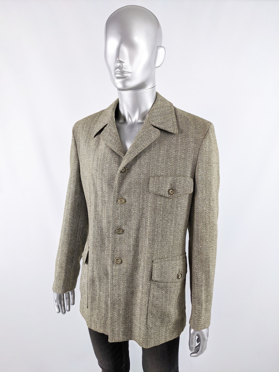 Vintage 70s Men's Wool Herringbone Check Tweed Coat, Half Norfolk ...