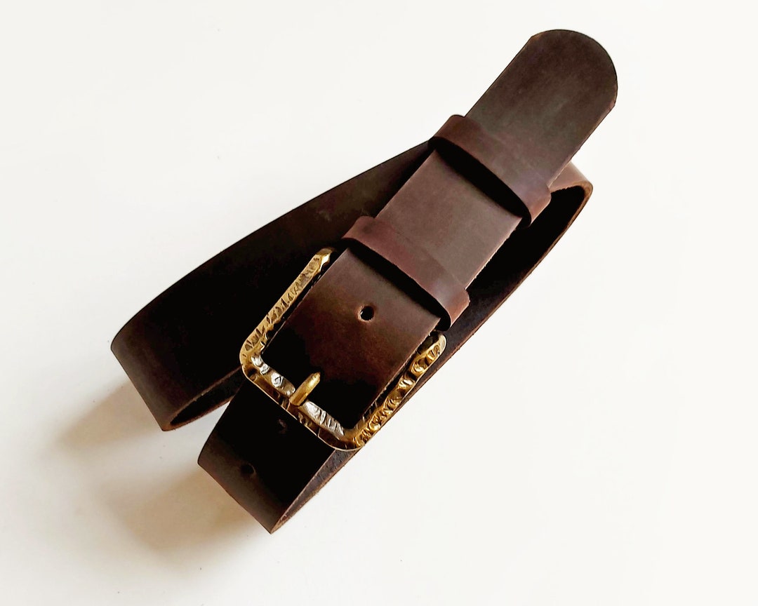 Dark Brown Leather Belt With Unique Brass Buckle. Handmade Leather Belt ...
