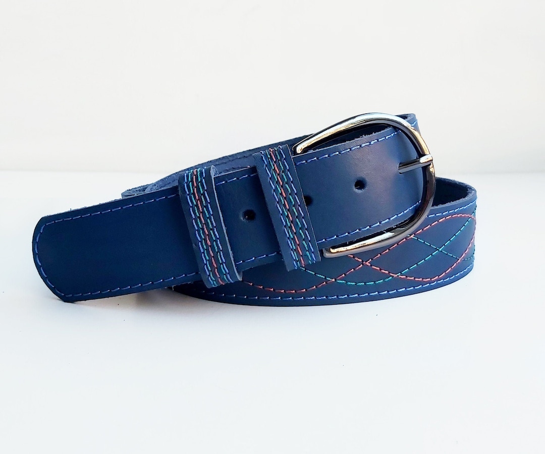 Blue Genuine Leather Belt With Contrasting Stitch. Handmade Leather ...