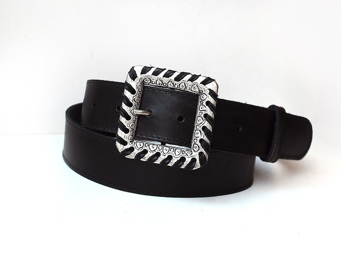 1980s 90s Black Leather Belt | Wide Fat Black Leather Waist Belt | Bold ...