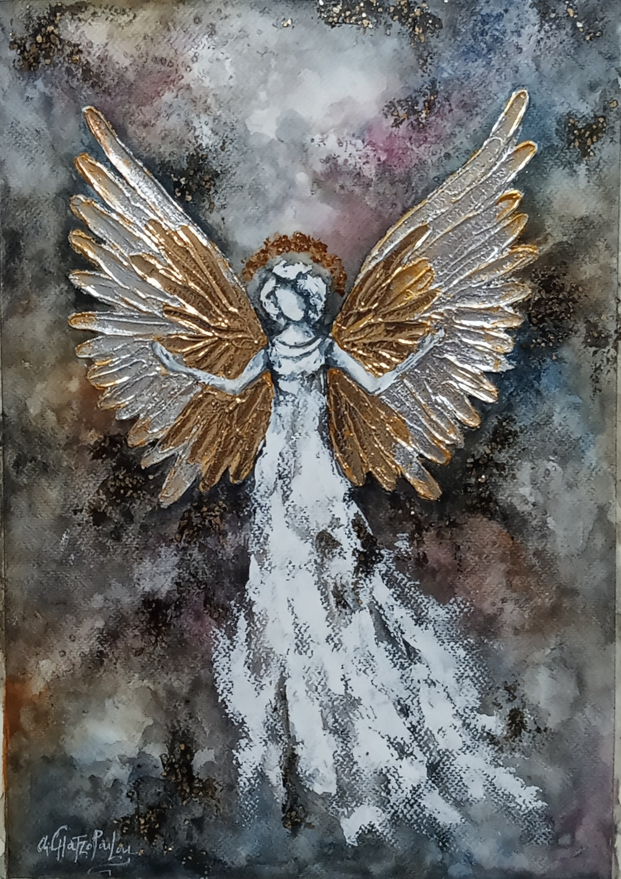 Abstract White Angel, OOAK Watercolor Gouache Angel Art, 22k Pinkgold ...