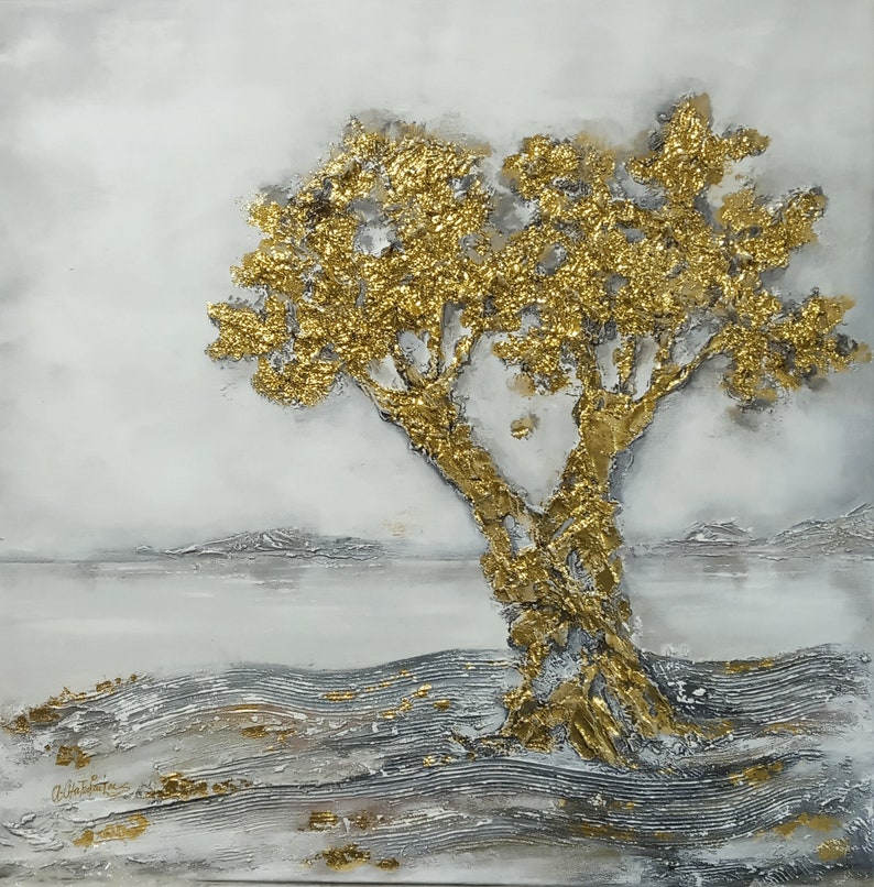 Golden Olive Tree, Original Abstract Acrylic Gold Painting, Gold Tree ...
