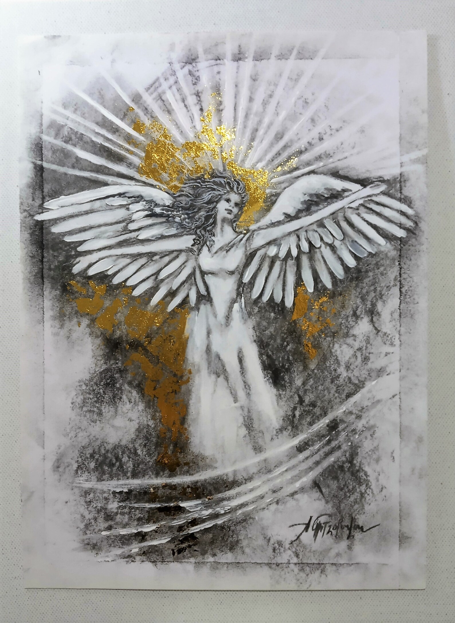 Black White and Gold Drawing, Fine Art Angel Picture, Charcoal Gold ...