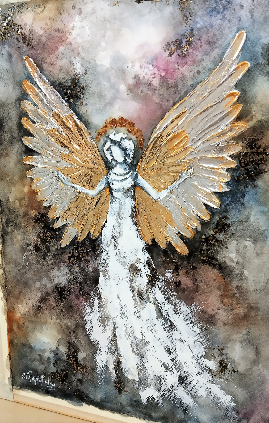 Abstract White Angel, OOAK Watercolor Gouache Angel Art, 22k Pinkgold ...
