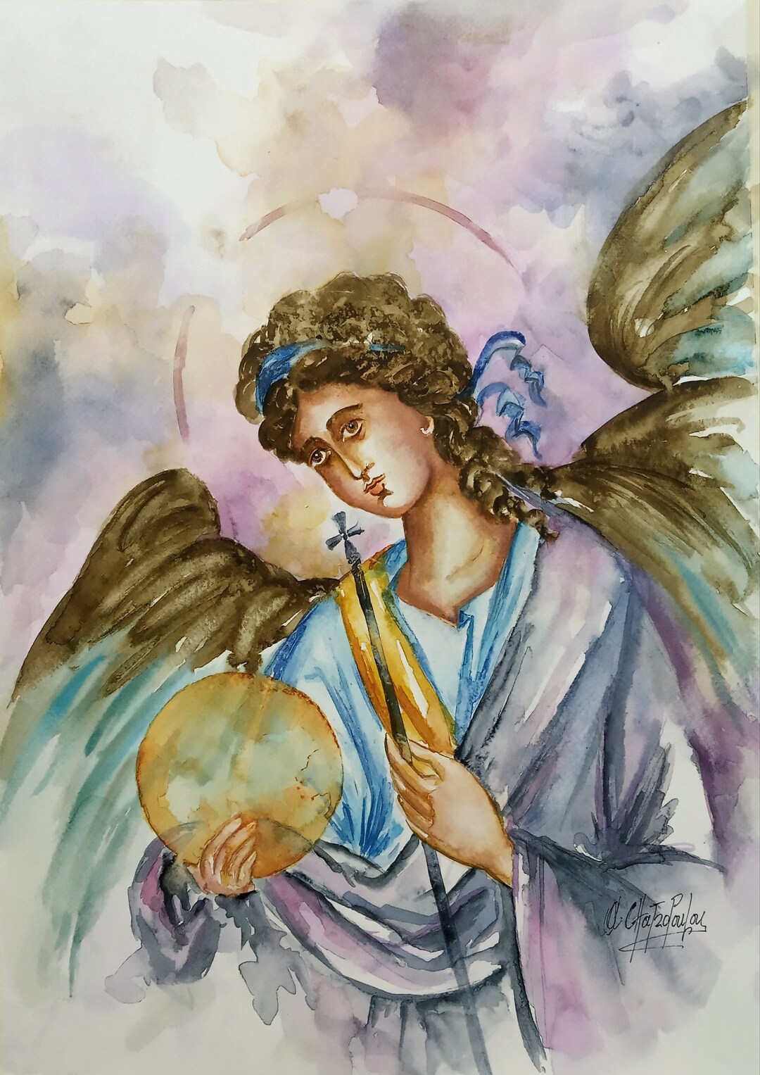 Angel A, Loose Impressionistic Watercolor on Paper, Loose Byzantine ...