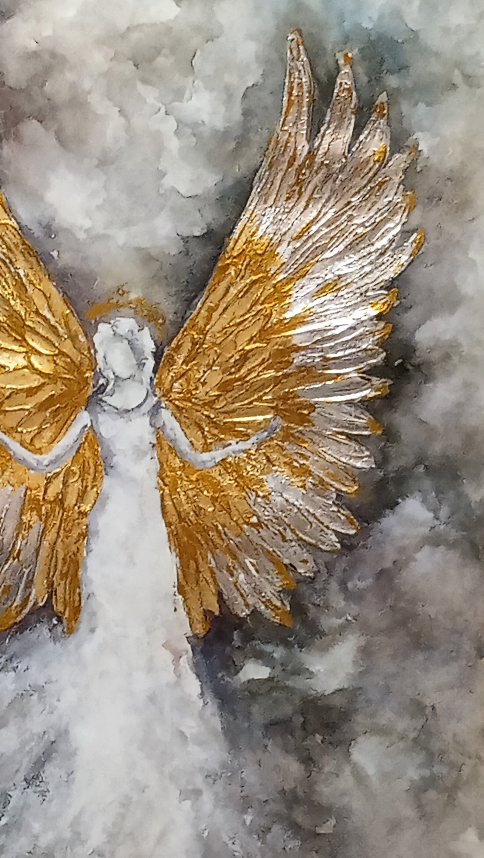 Abstracte engel schilderij, aquarel witte engel kunst, goud-zilveren ...