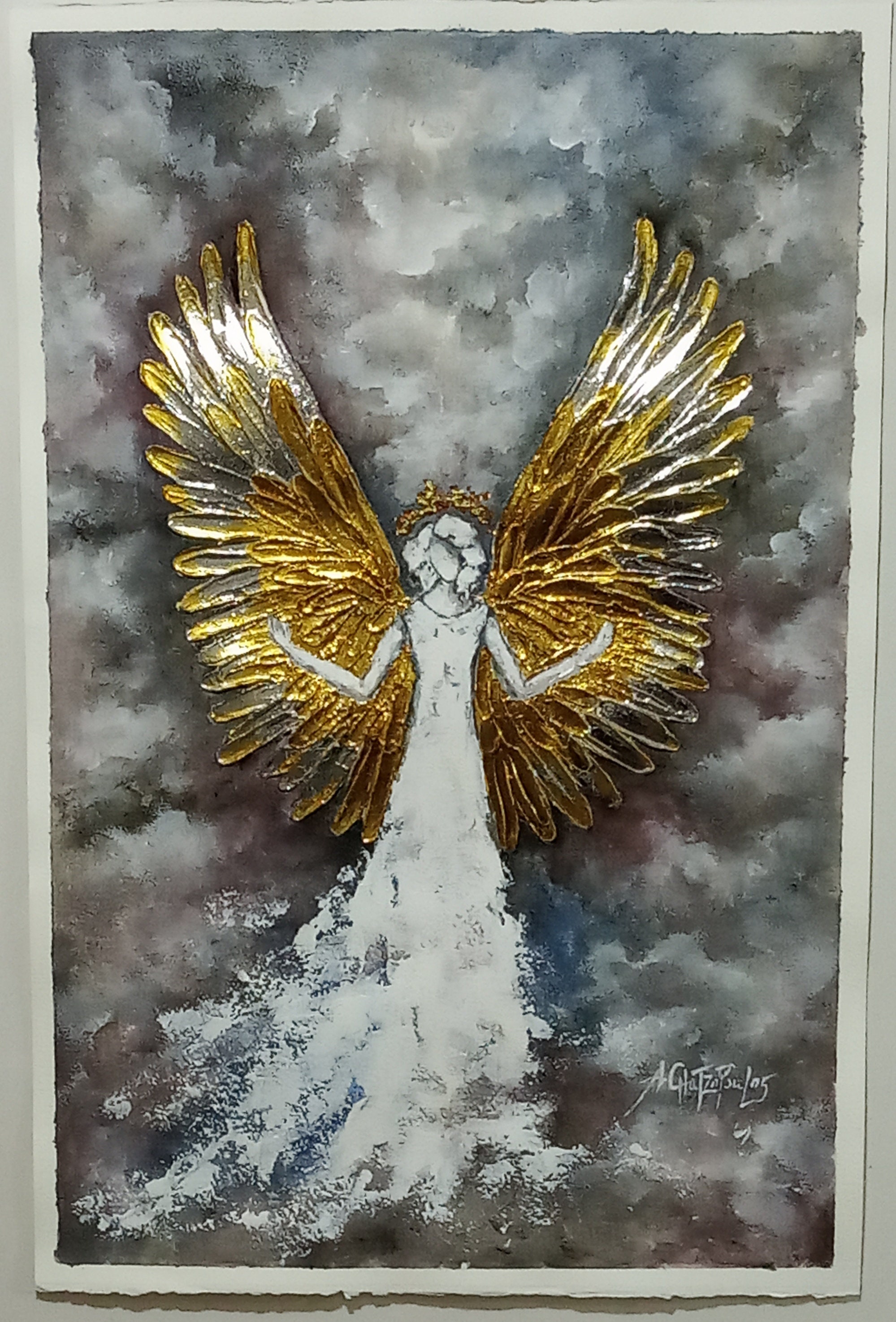 Abstrakte Engel Malerei, Aquarell Weiße Engel Kunst, Gold-Silber Engel ...