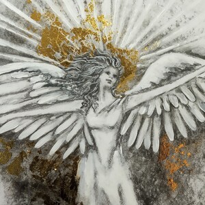 Black White and Gold Drawing, Fine Art Angel Picture, Charcoal Gold ...