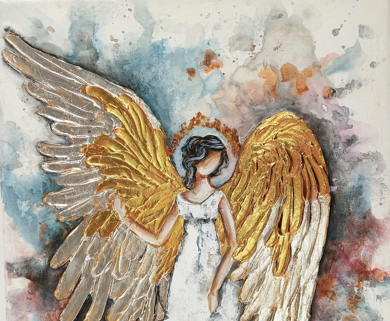 Original Abstract White Guardian Angel Painting Gold Silver Angel Wings ...
