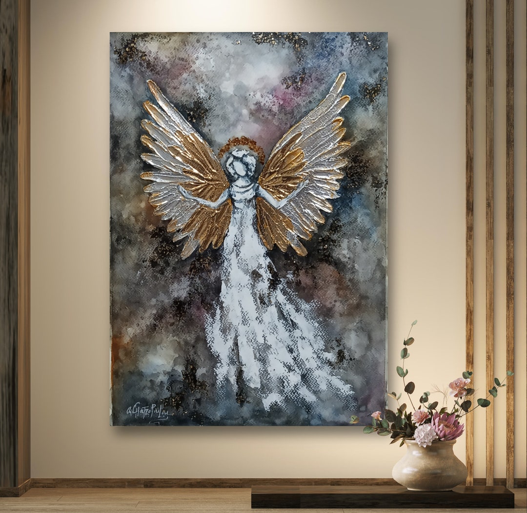 Abstract White Angel, OOAK Watercolor Gouache Angel Art, 22k Pinkgold ...