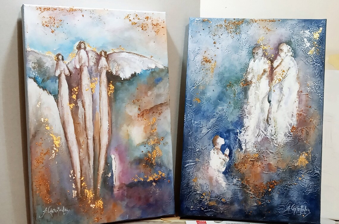 Three Angels Painting,abstract Angels,24k Gold and Silver Leaves Art ...