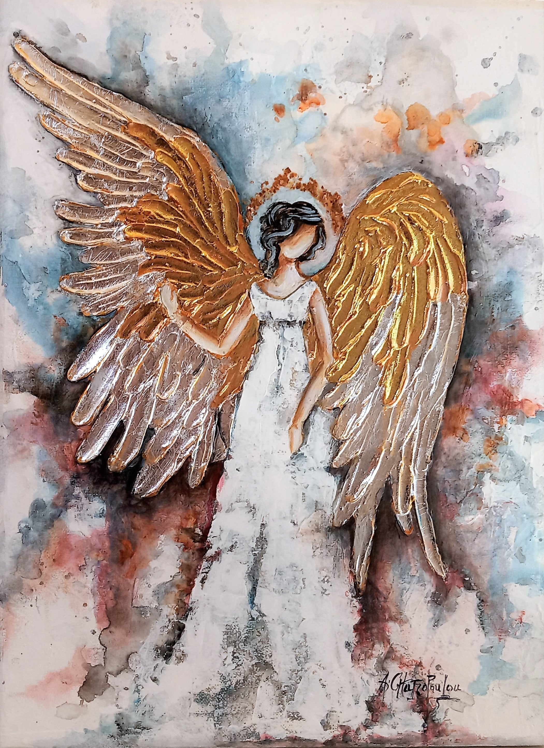 Original Abstract White Guardian Angel Painting Gold Silver Angel Wings ...