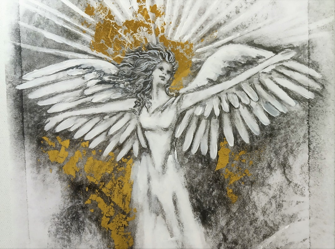 Black White and Gold Drawing, Fine Art Angel Picture, Charcoal Gold ...