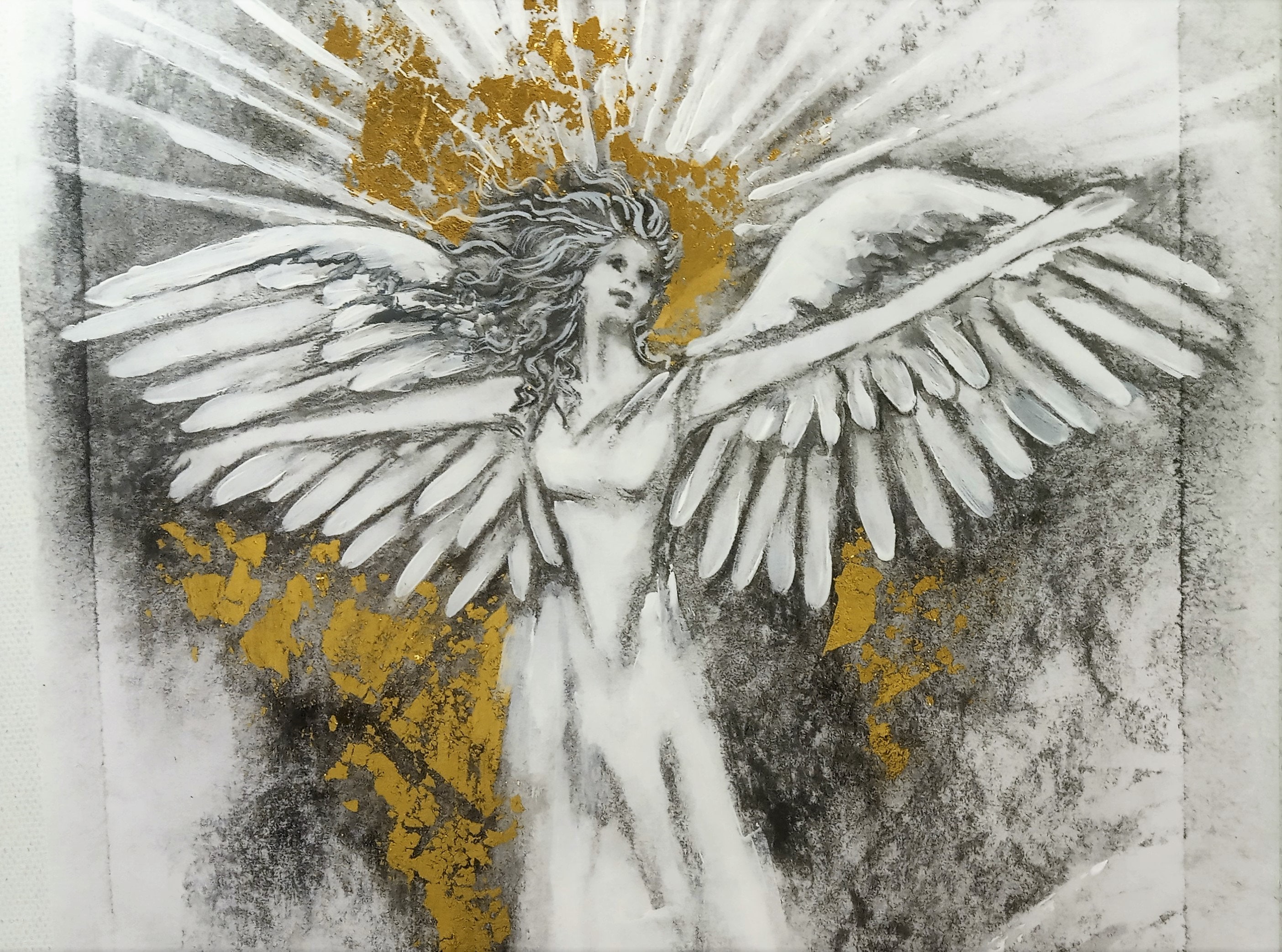 Black White and Gold Drawing, Fine Art Angel Picture, Charcoal Gold ...