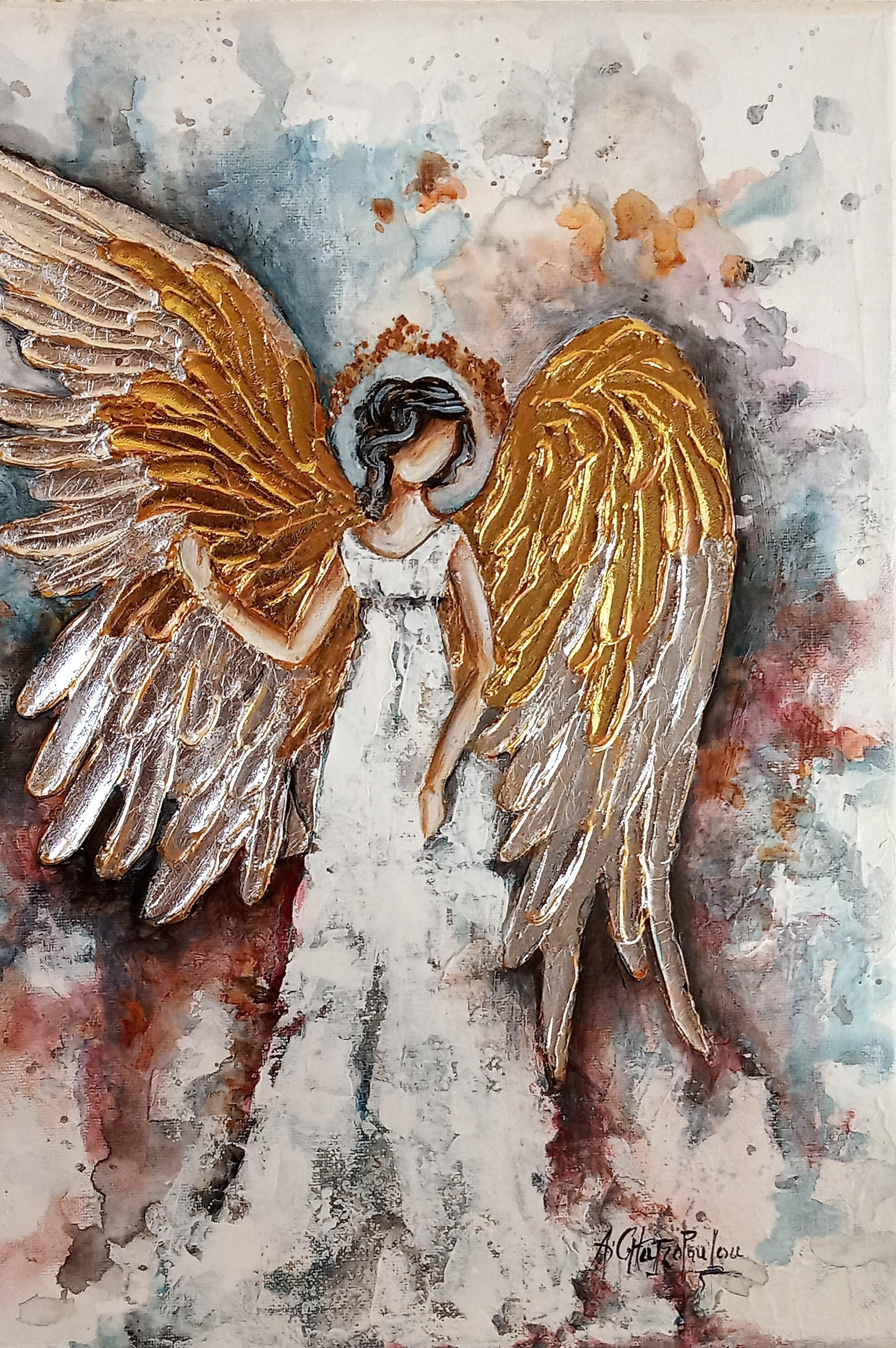 Original Abstract White Guardian Angel Painting Gold Silver Angel Wings ...