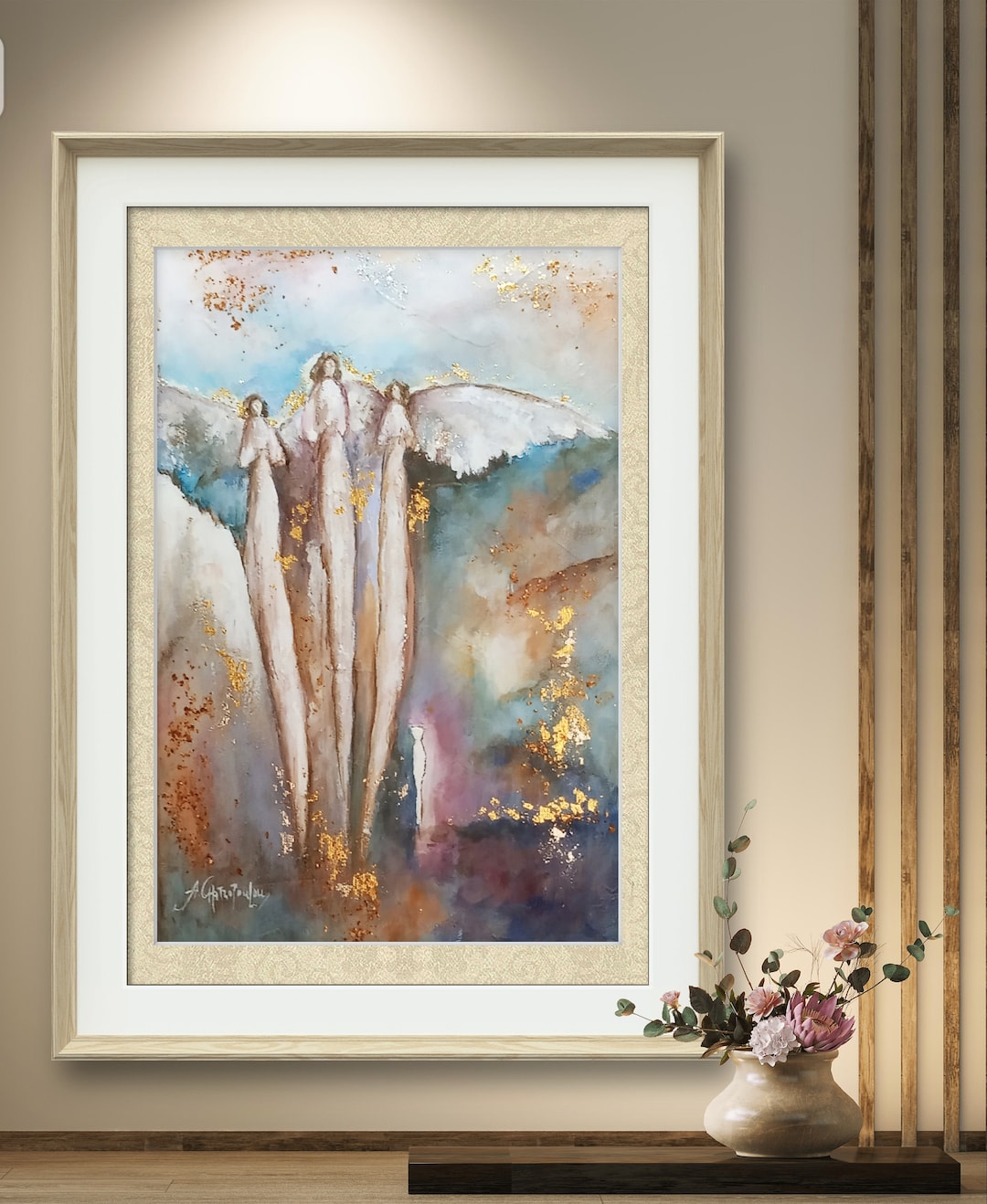 Three Angels Painting,abstract Angels,24k Gold and Silver Leaves Art ...