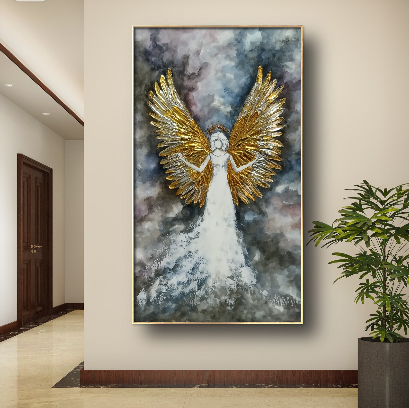 Abstracte engel schilderij, aquarel witte engel kunst, goud-zilveren ...