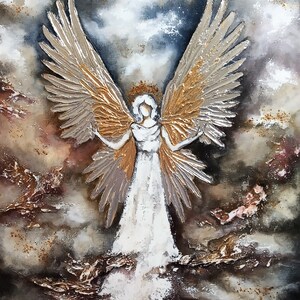 Abstract Angel Painting, White Angel, Pink Gold Silver Leaf Angel Wings ...