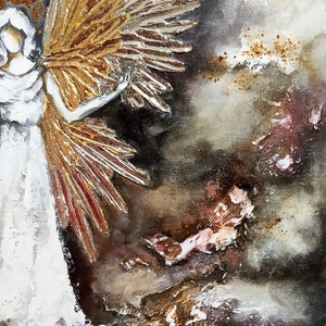 Abstract Angel Painting, White Angel, Pink Gold Silver Leaf Angel Wings ...
